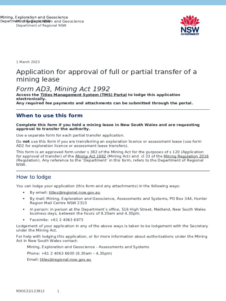 AD3, Mining Act 1992. Application for approval of full or partial ...