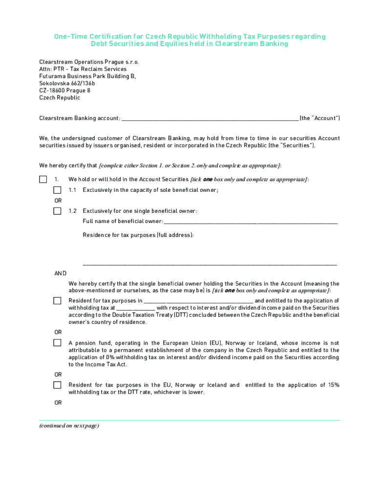 Fillable Online One-Time Certificate for Czech Republic Withholding Tax ...