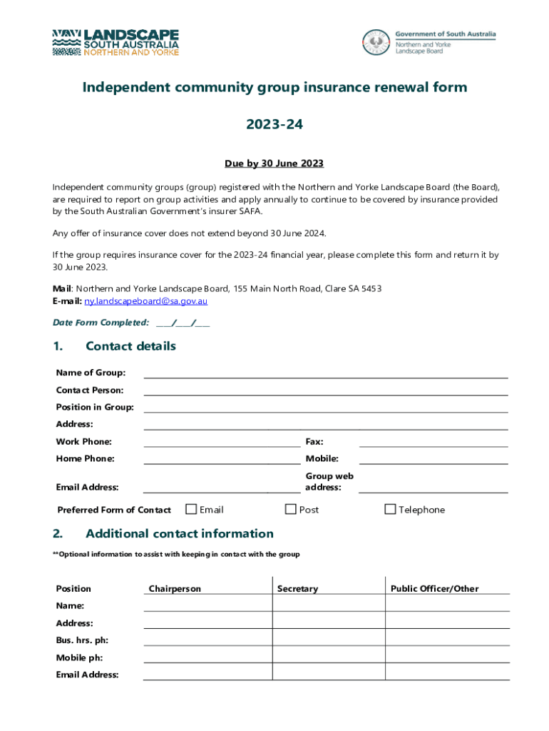 Fillable Online Independent community group insurance renewal form ...