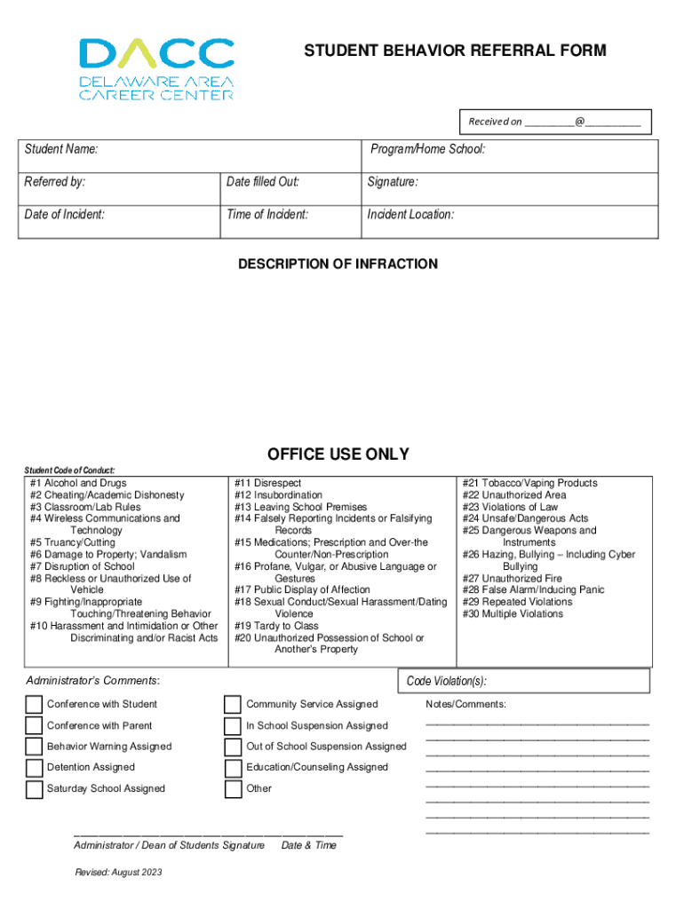 Fillable Online Discipline Referral form Student Name: Today's Date Fax ...