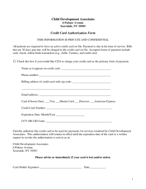 Fillable Online Child Development Associates Credit Card Authorization ...