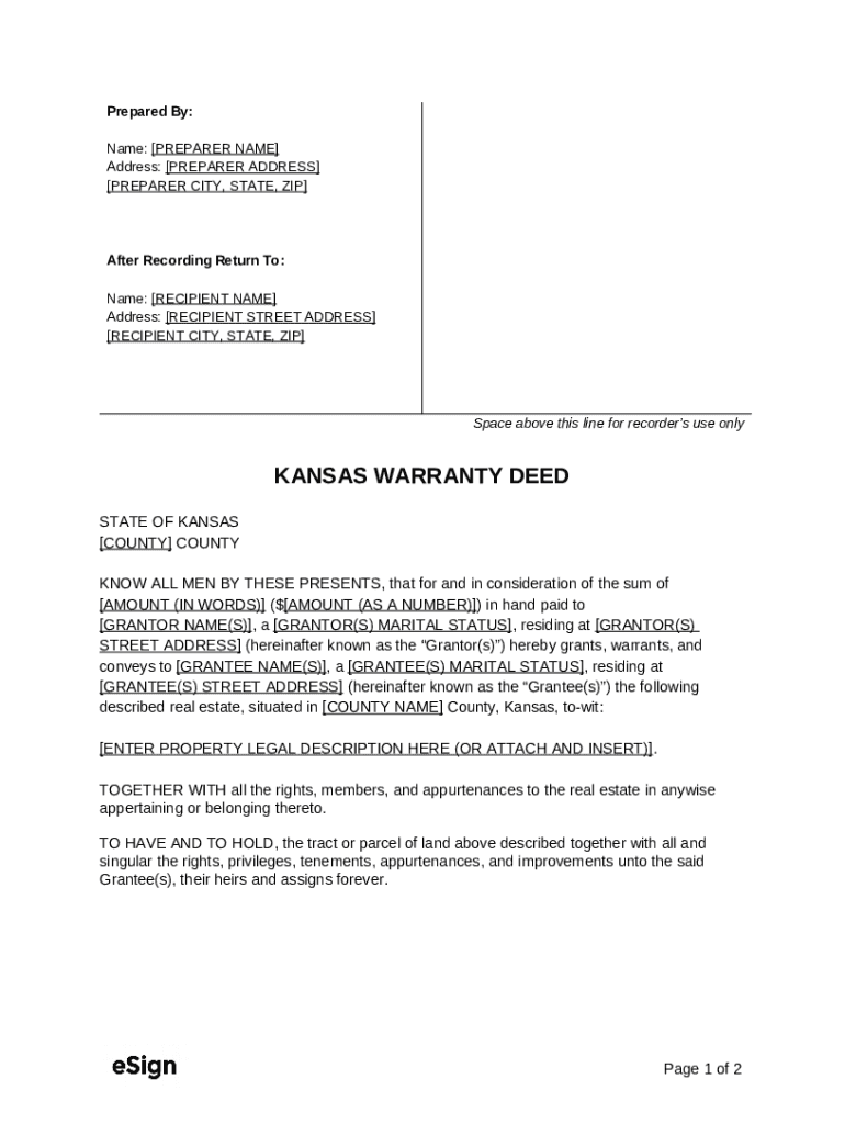 Free Kansas General Warranty Deed PDFWord Doc Template | pdfFiller