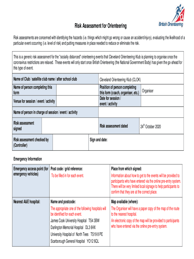 Fillable Online clok org Risk Assessment for Orienteering - Bristol ...