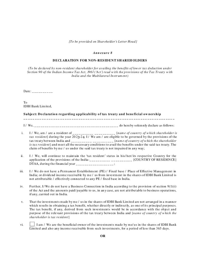 Fillable Online ANNEXURE-8-Declaration from NR to avail Treaty benefits ...