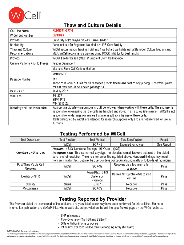 Fillable Online WiCell recommends thawing 1 vial into 1 well of a 6 ...