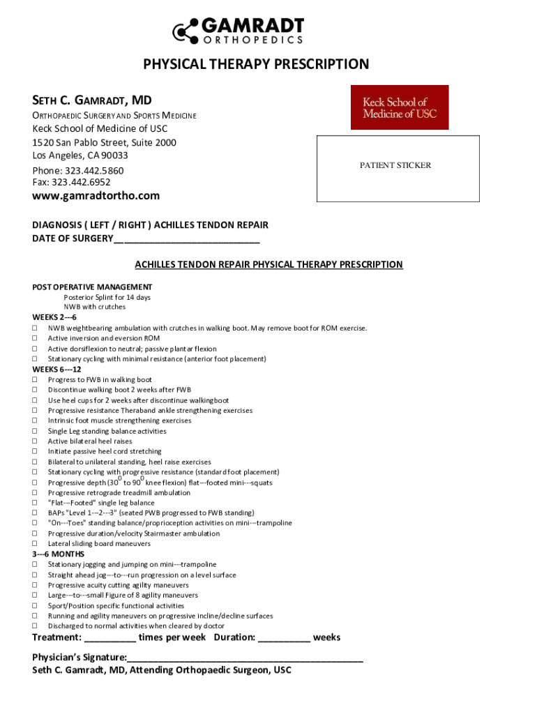 Fillable Online achilles tendon repair physical therapy prescription ...