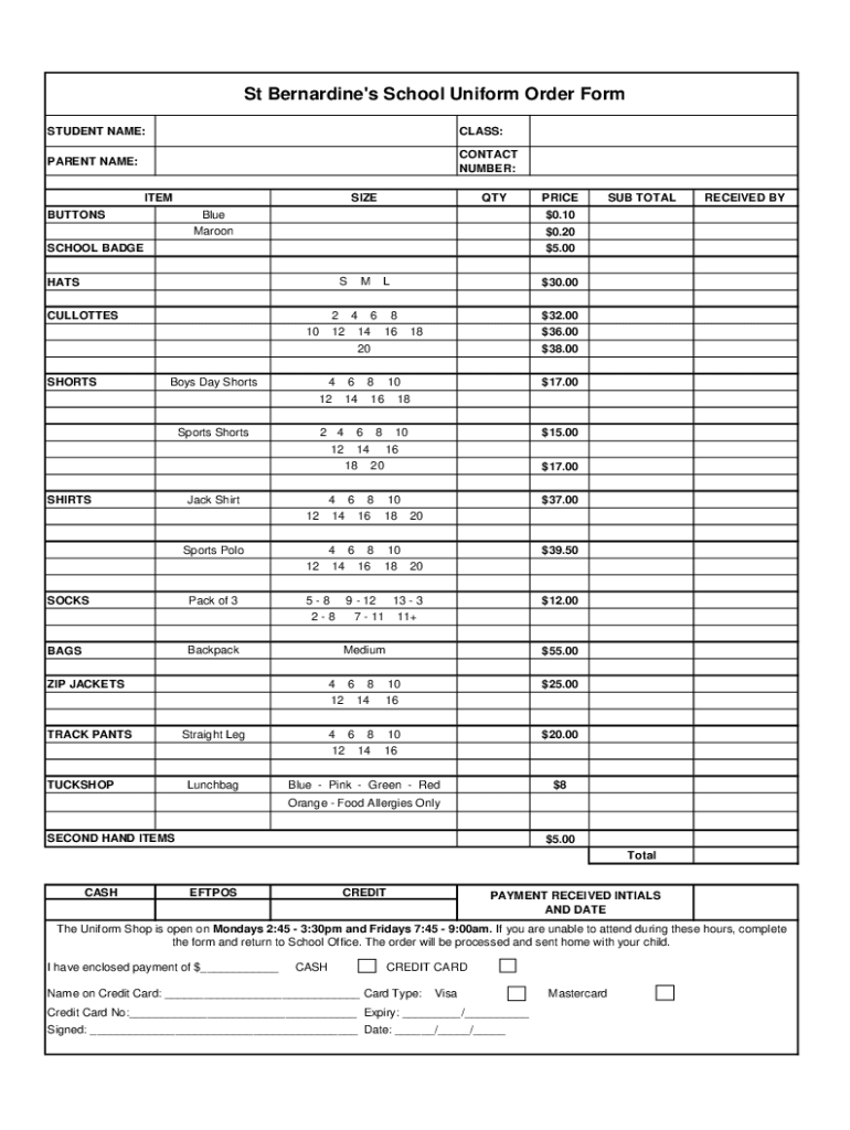 Fillable Online St Bernardine's School Uniform Order Form Fax Email ...