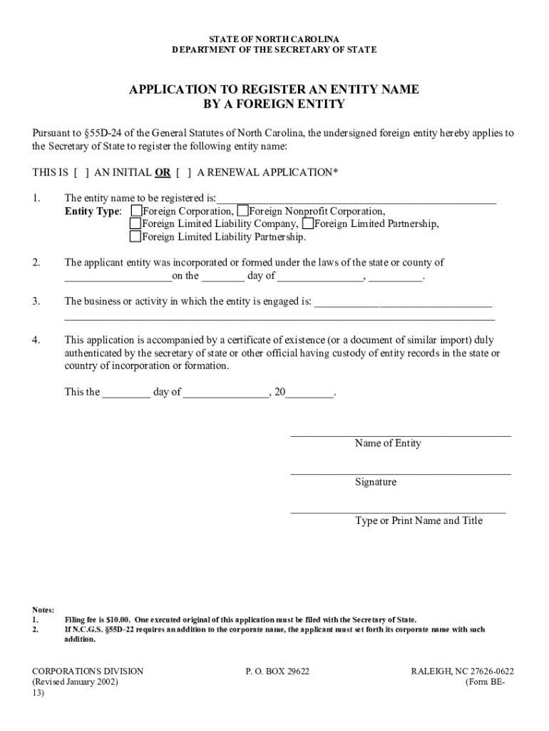 Fillable Online Application to Register an Entity Name by a Foreign ...