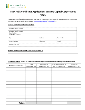 Fillable Online Tax Credit Certificate Application: Venture Capital ...