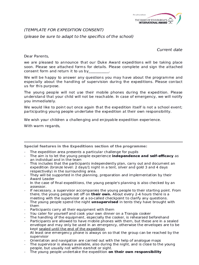 The Duke of Edinburgh's Award - Expedition Doc Template | pdfFiller