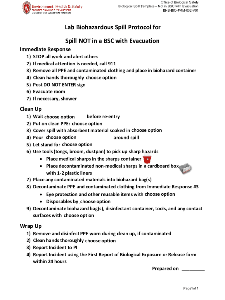 Fillable Online ehs wisc Lab Biohazardous Spill Protocol for Spill NOT ...
