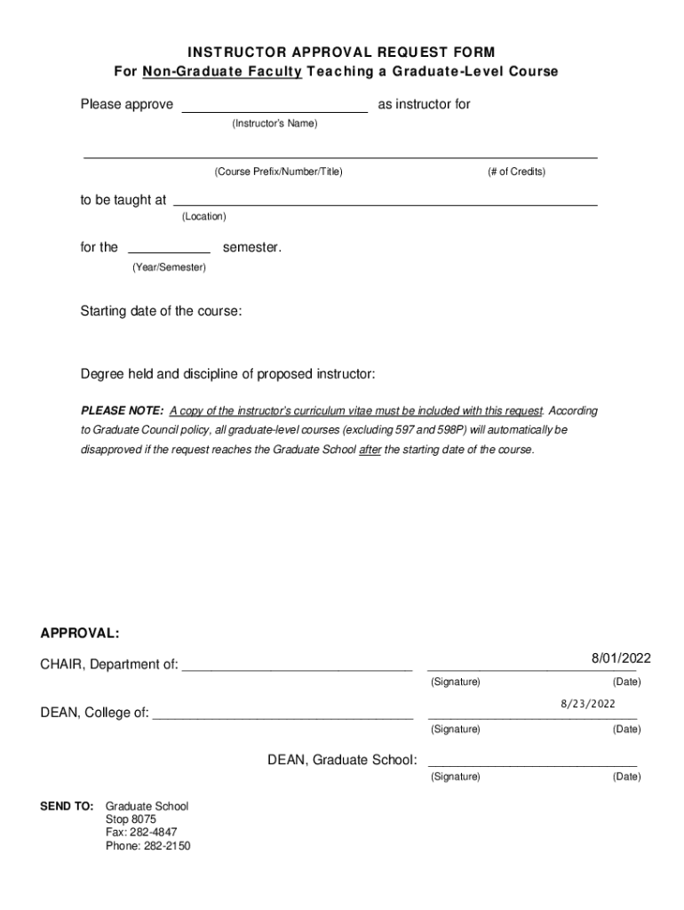 Fillable Online INSTRUCTOR APPROVAL REQUEST FORM For Non-Graduate ...