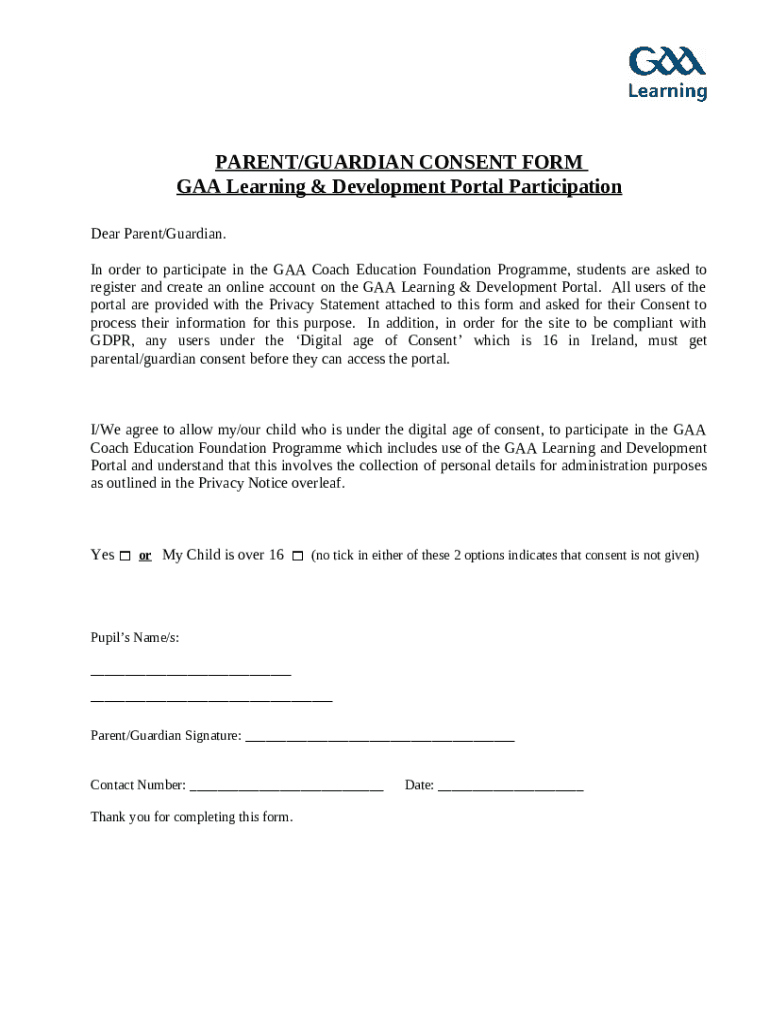 PARENT/GUARDIAN CONSENT GAA Learning & ... Doc Template | pdfFiller