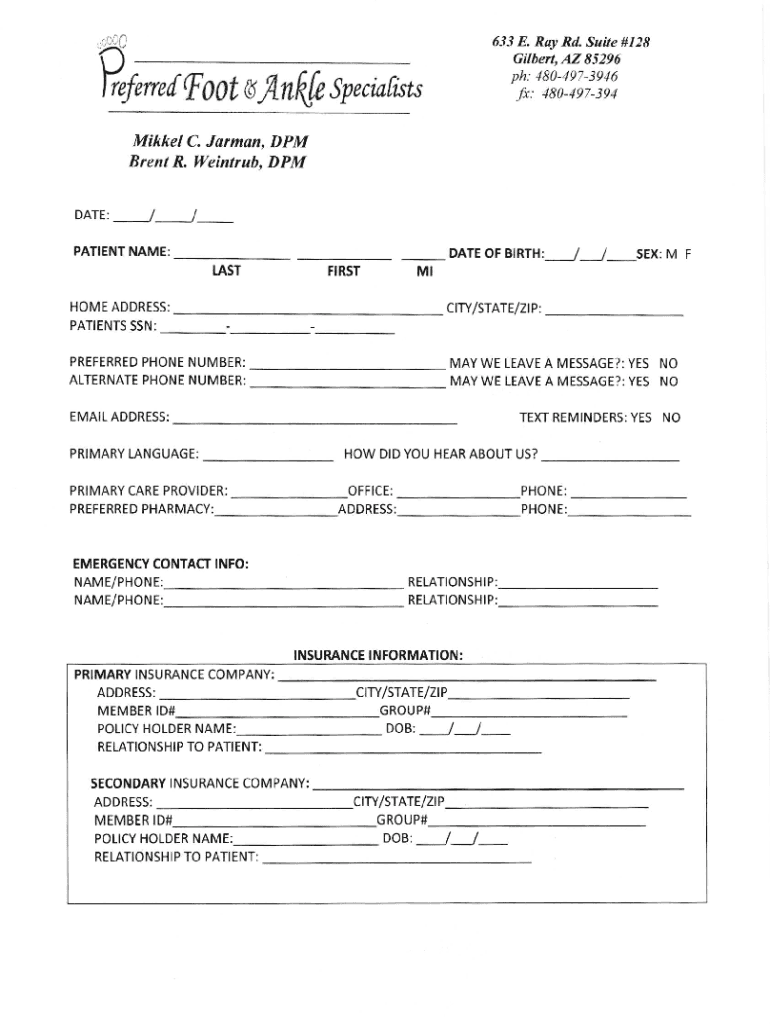 Fillable Online FOOT / ANKLE- New Patient Intake Form Fax Email Print ...
