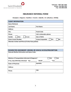 Fillable Online Insurance Referral Form - SE Driver Assessment Training ...