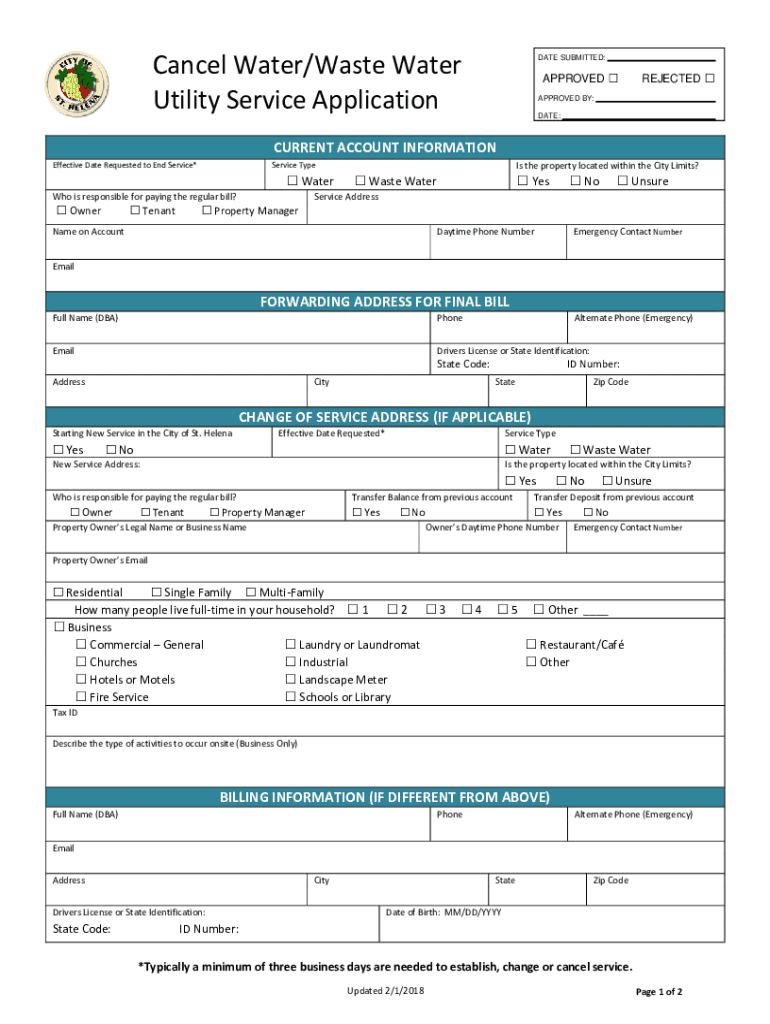 Fillable Online Cancel Water/Waste Water Utility Service Application ...