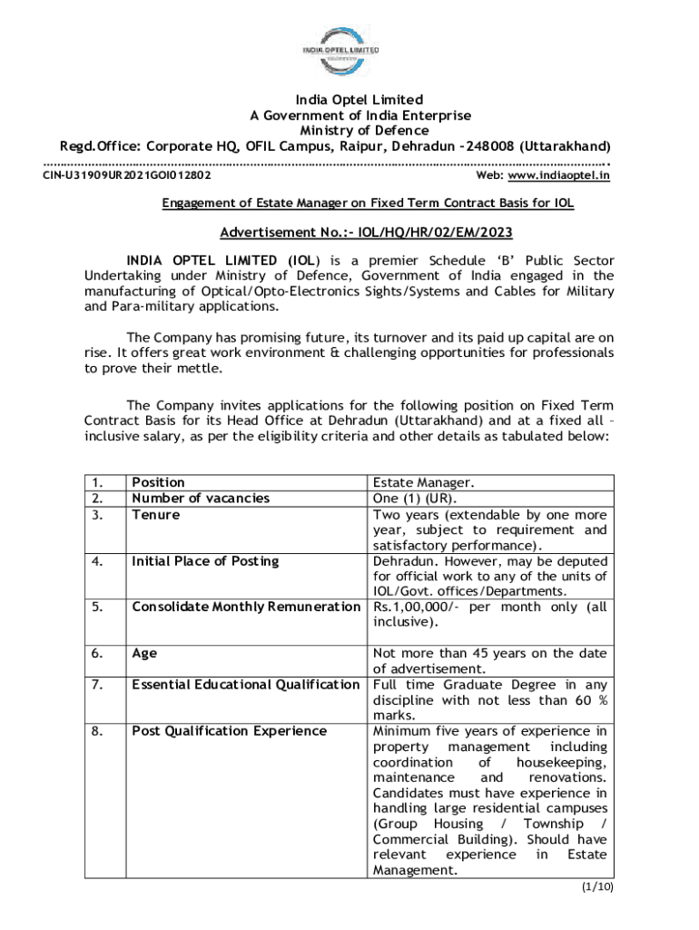 Fillable Online India Optel Limited A Government of India Enterprise ...