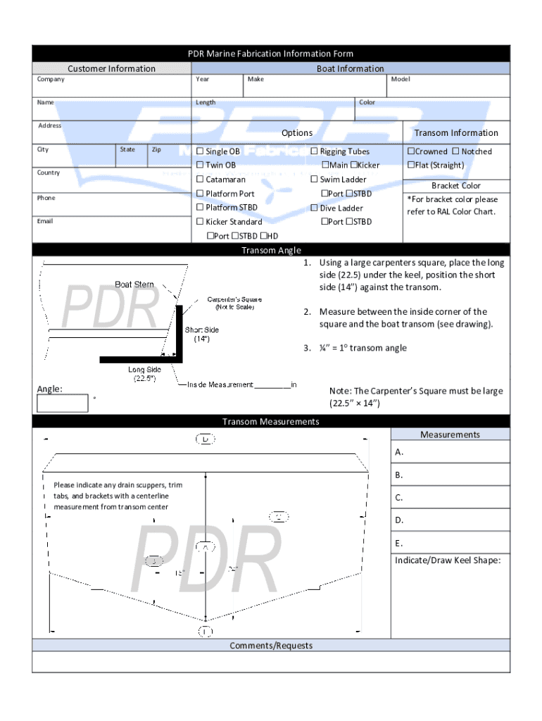 Fillable Online PDR Marine Fabrication Information Form Customer ...