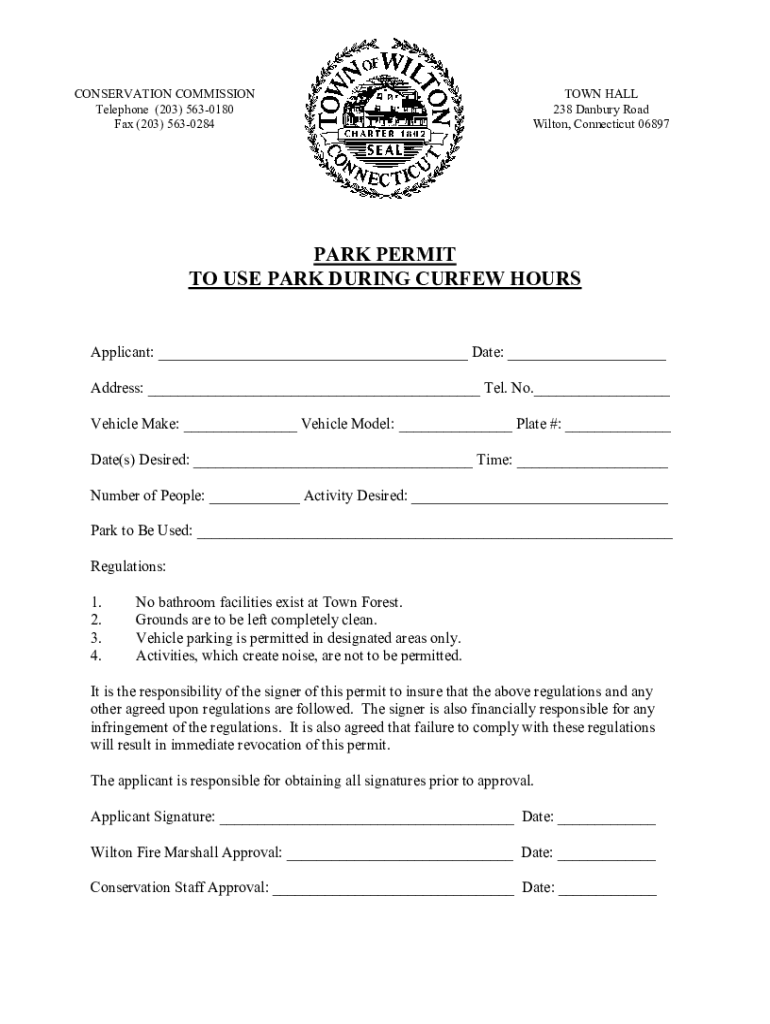 Fillable Online PARK PERMIT TO USE PARK DURING CURFEW HOURS Fax Email ...