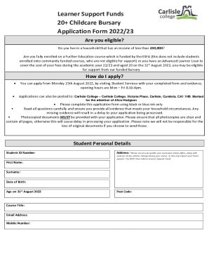 Fillable Online Learner Support Funds 20+ Childcare Bursary Application Form ... Fax Email Print ...