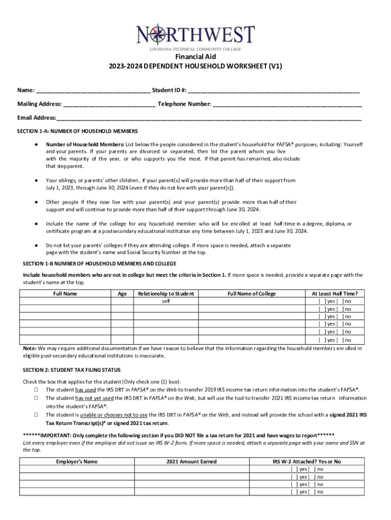 Fillable Online 20232024 Verification Worksheet V1 Dependent Student ...