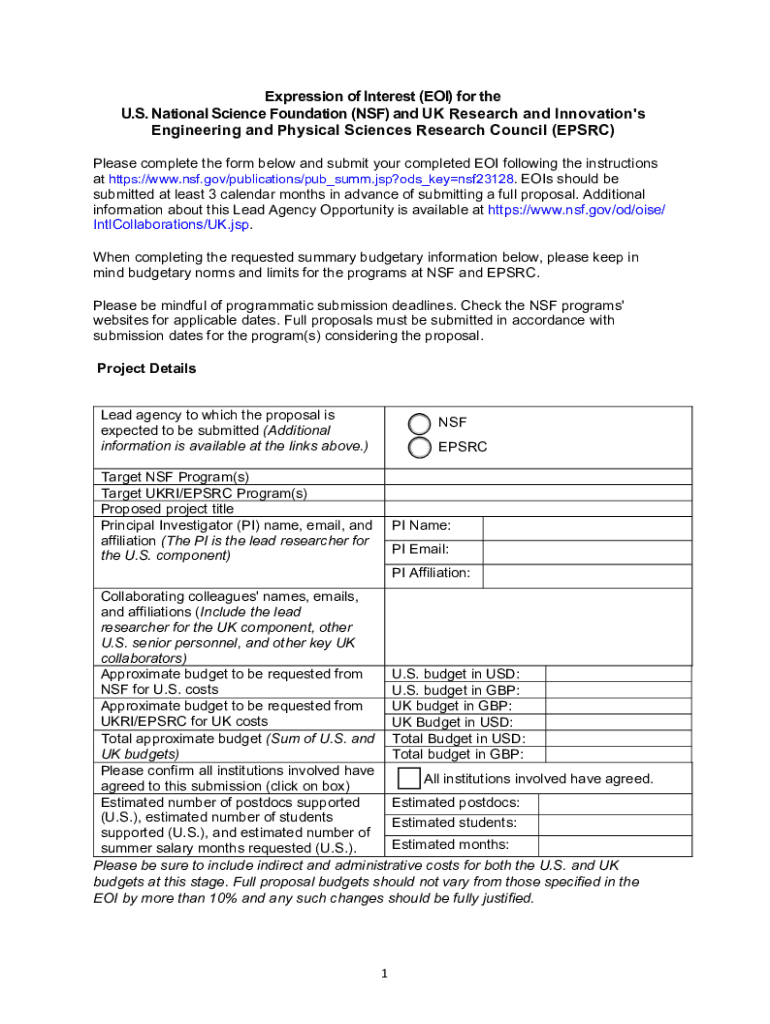 Fillable Online NSF-UKRI Lead Agency Opportunity Expression of Interest ...
