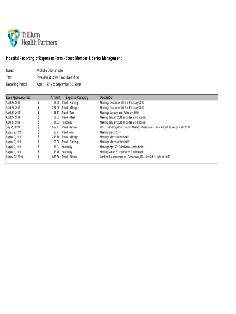 Fillable Online Hospital Reporting of Expenses Form - All Board of Directors Fax Email Print ...