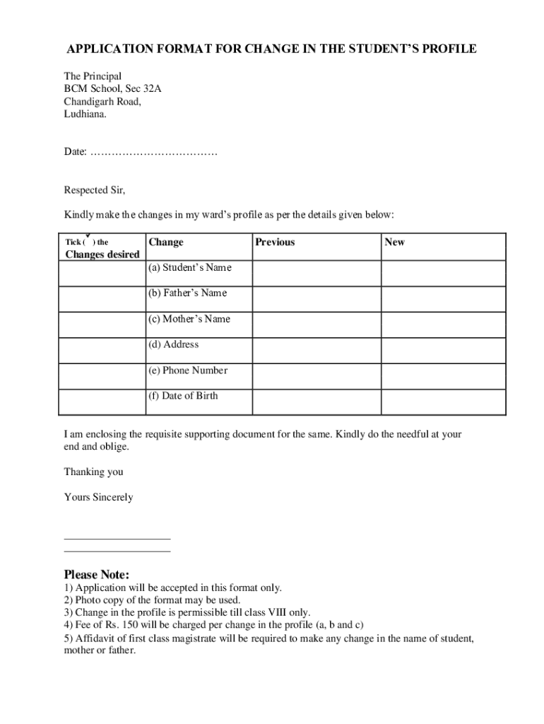 Fillable Online Application Format for Change in the Student's Profile ...