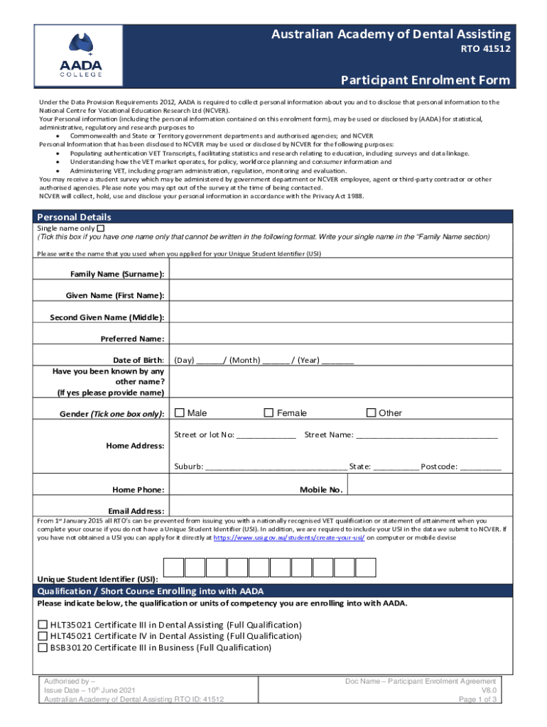 Fillable Online AADA College (RTO 41512) - Participant Enrolment Form ...