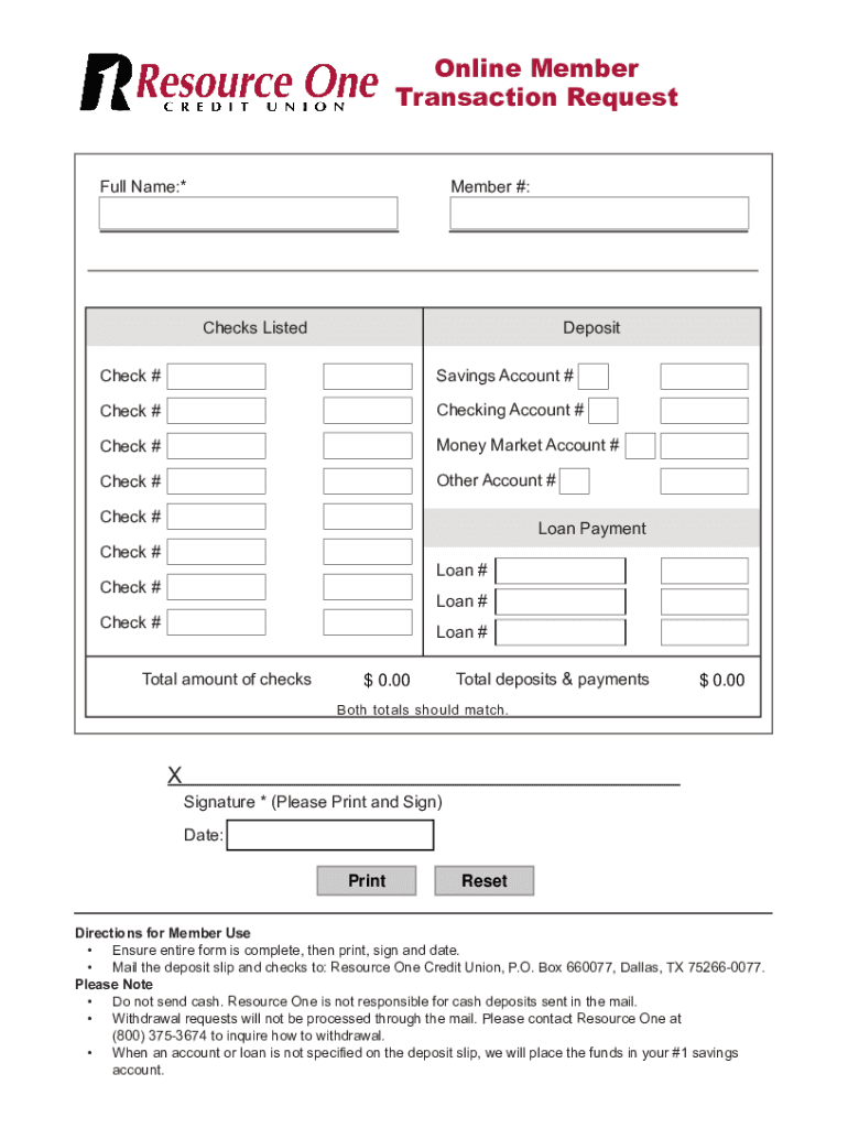 Fillable Online Resource One Credit UnionOnline Member Transaction Form ...