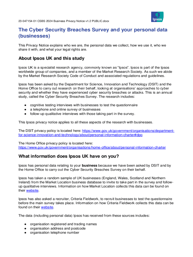 Fillable Online The Cyber Security Breaches Survey and your personal ...