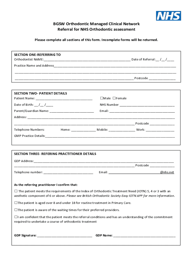 Fillable Online BGSW Orthodontic Managed Clinical Network Referral for ...