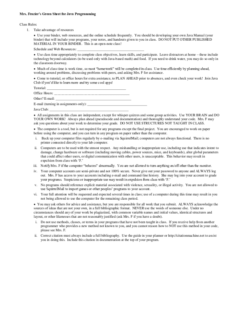Fillable Online Your Teacher's Green Sheet for Java Programming Class ...
