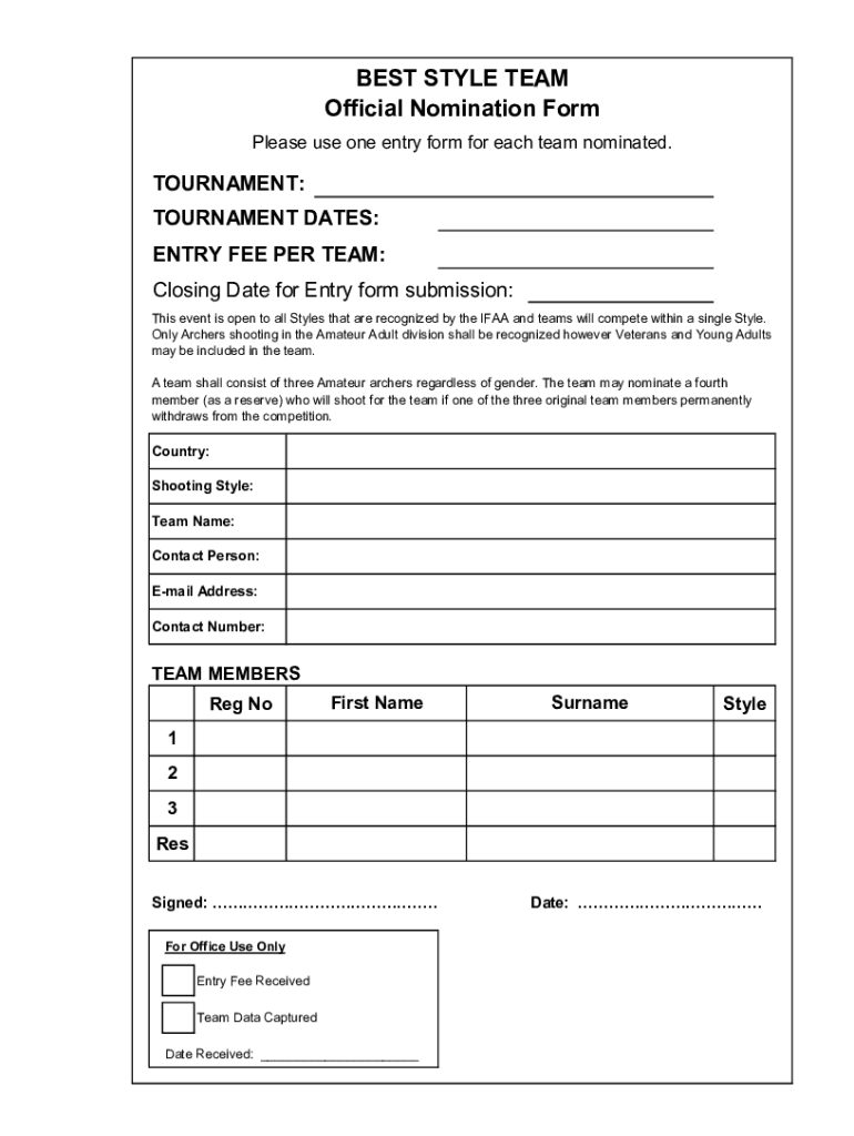 Fillable Online Best Style Team Nomination Form Template.xlsx Fax Email Print - pdfFiller