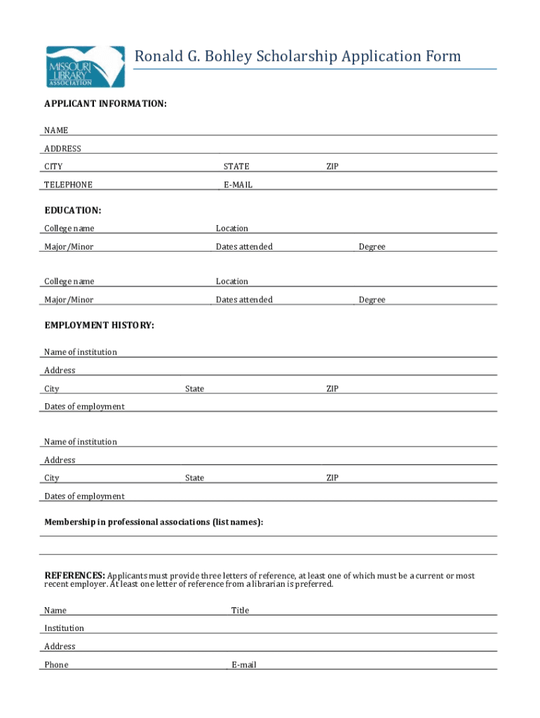 Fillable Online Ronald G. Bohley Scholarship Application Form Fax Email ...