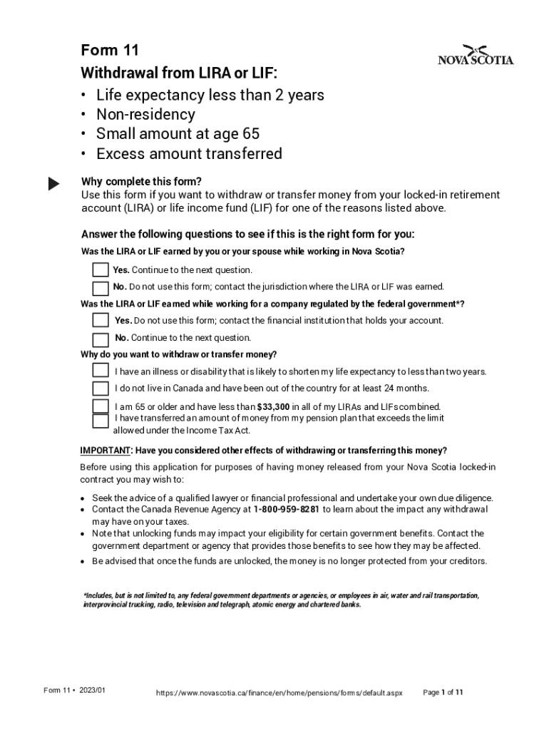 Fillable Online Form 11 Withdrawal from LIRA or LIF:Life expectancy ...