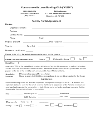Fillable Online Facility Rental Agreement - Commonwealth Lawn Bowling ...