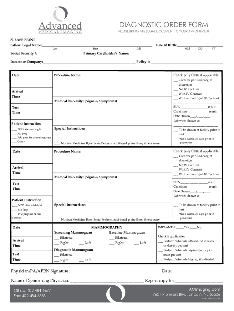 Fillable Online DIAGNOSTIC ORDER FORM Fax Email Print - pdfFiller