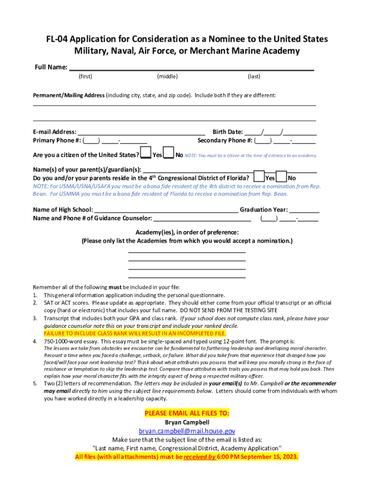 Fillable Online Military Academy Nominations - Aaron Bean - House.gov ...