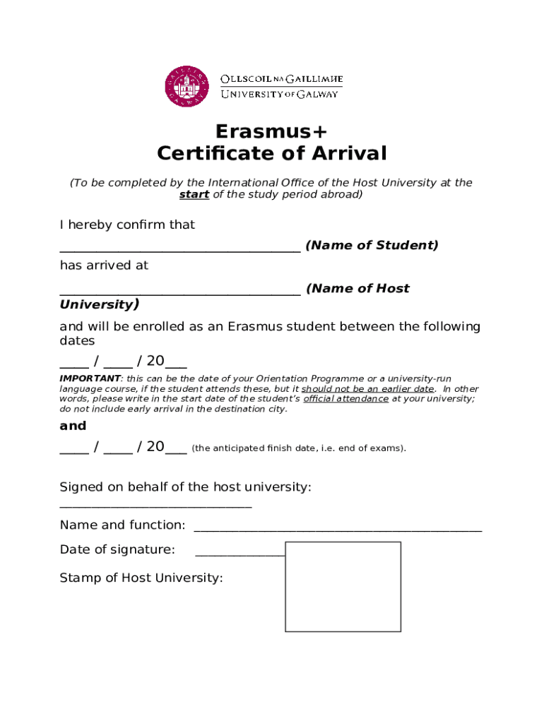 Erasmus+ Certificate of Arrival Doc Template | pdfFiller