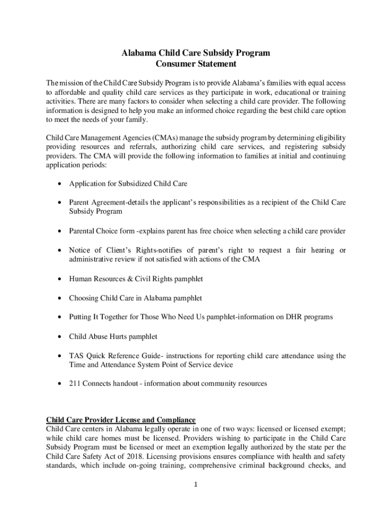 Fillable Online dhr alabama Alabama Child Care Subsidy Program Consumer ...