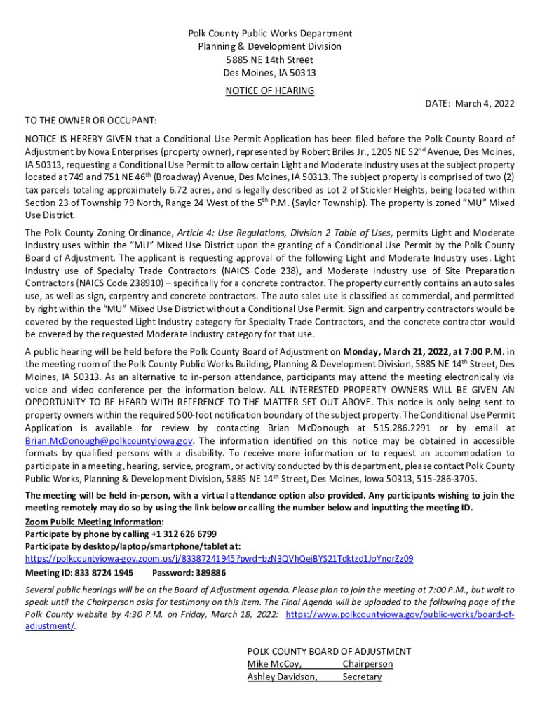 Fillable Online 5885 NE 14th Street Des Moines, IA 50313 NOTICE OF ... Fax Email Print - pdfFiller