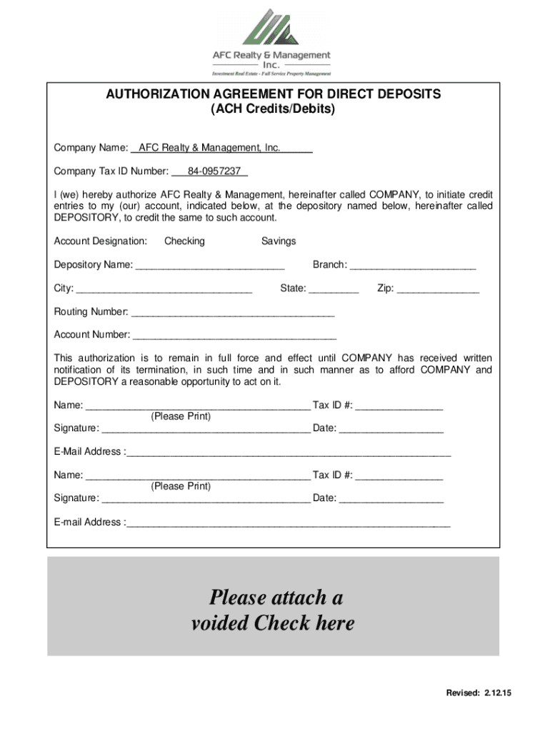 Fillable Online AFC - Direct Deposit Authorization Agreement: Fill out ...