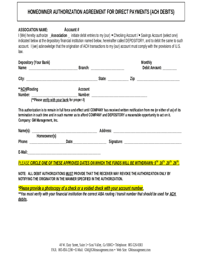 HOMEOWNER AUTHORIZATION AGREEMENT FOR ... Doc Template | pdfFiller