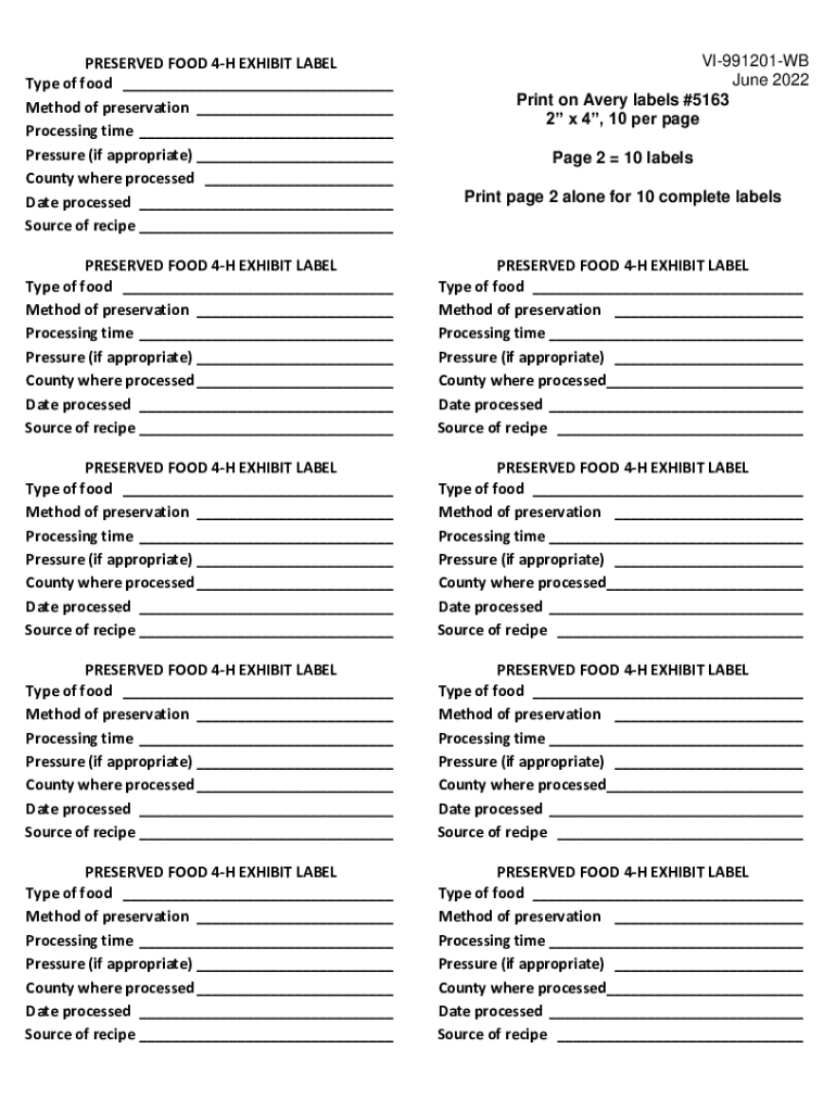 Fillable Online State Fair Labels for 4-H Food Preservation Exhibits ...