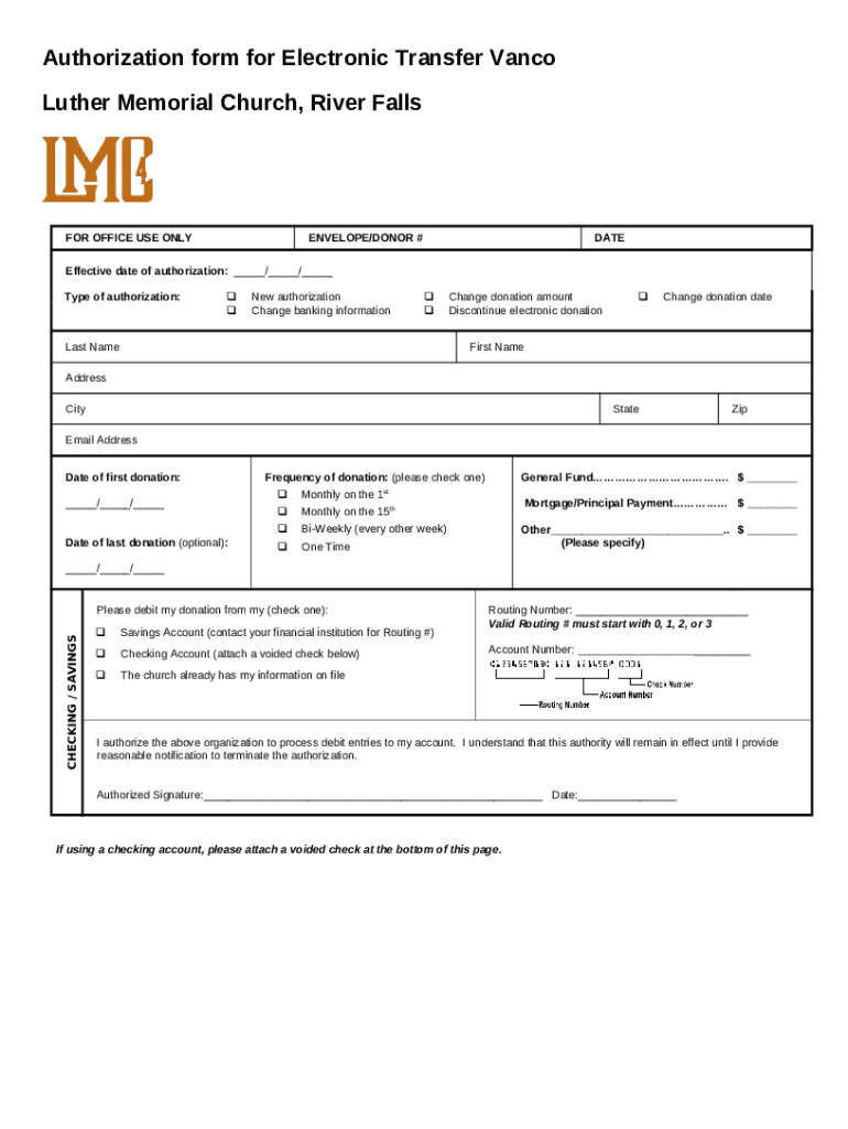Authorization for Electronic Transfer Vanco Doc Template | pdfFiller