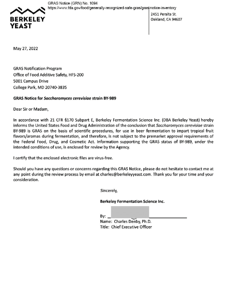 Fillable Online GRAS Notice 1094, Saccharomyces cerevisiae strain BY ...