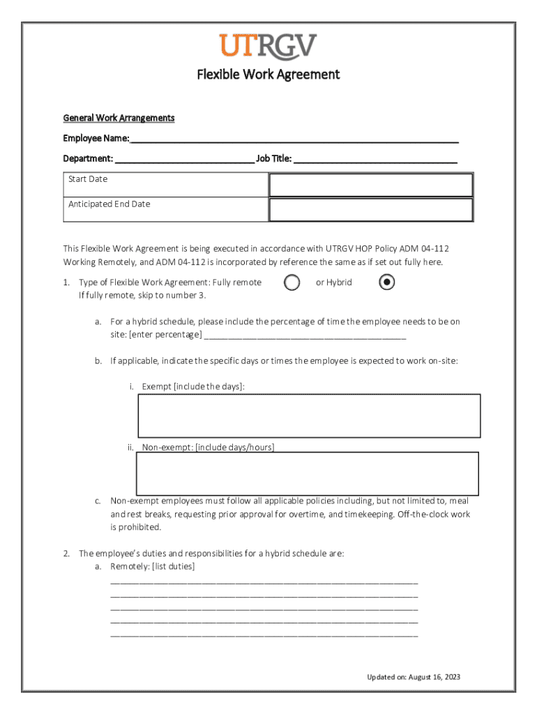 Fillable Online Tool 3: Sample Flexible Work Agreement and Plan ...