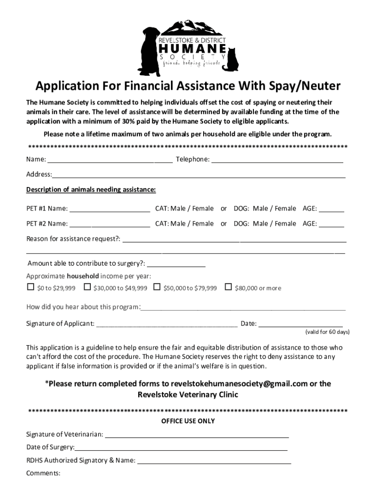 Fillable Online Application For Financial Assistance With Spay/Neuter ...