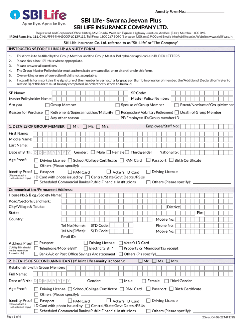 Fillable Online SBI Life - Swarna Jeevan Membership Form ...